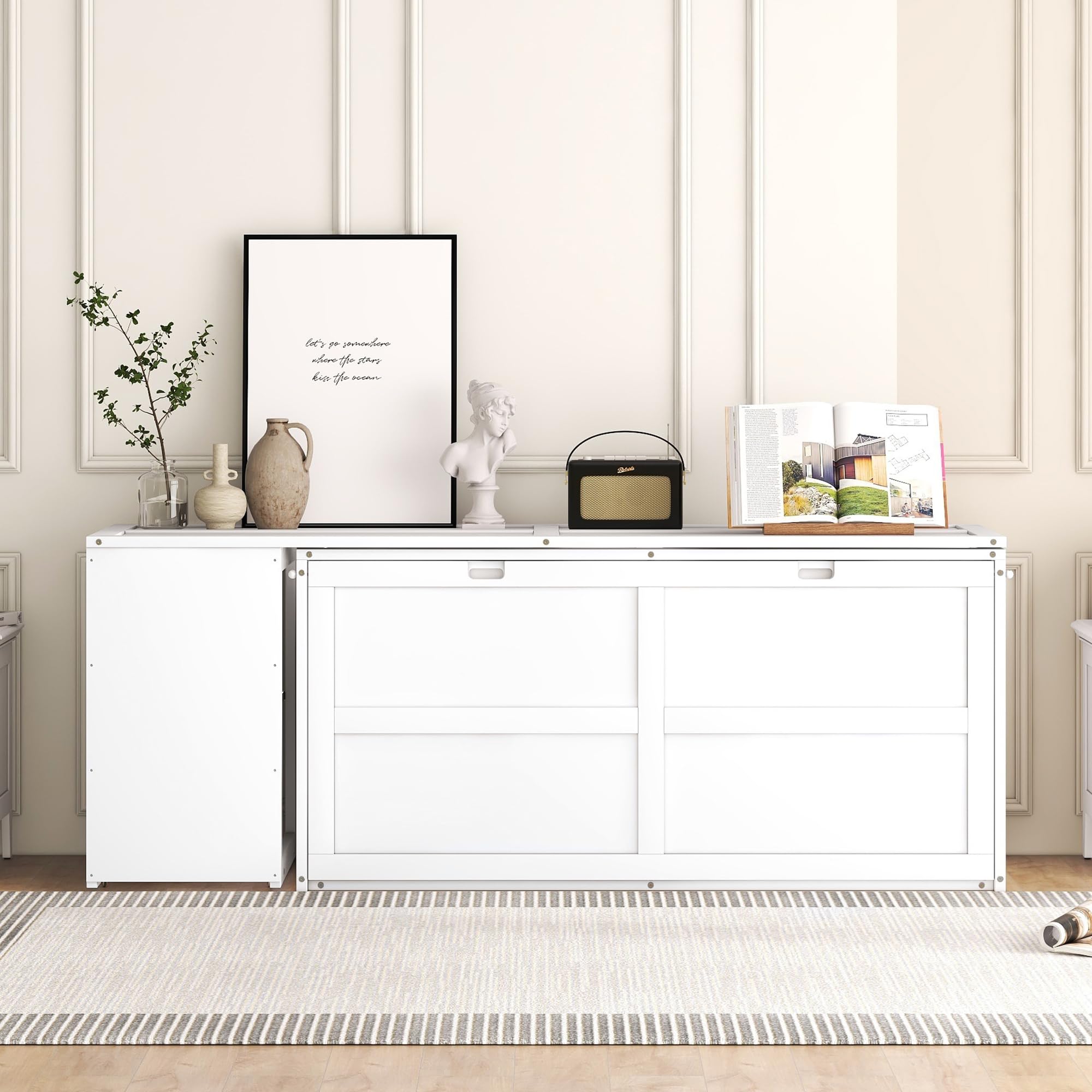 BEDGJH Queen Bed Frame with Rotable Desk, Space-Saving Murphy Bed with Side Shelves for Multipurpose Guest Room or Home Office (White)
