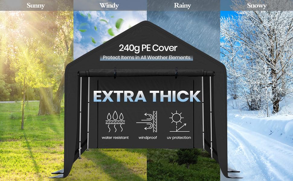 Outdoor Carport Canopy,6x8 ft Heavy Duty Canopy Shed,Metal Frame Storage Shed with Waterproof, UV Resistant Cover, 2 Rollup Zipper Doors for Backyard, Garden can Store Motorcycle, Garden Tools