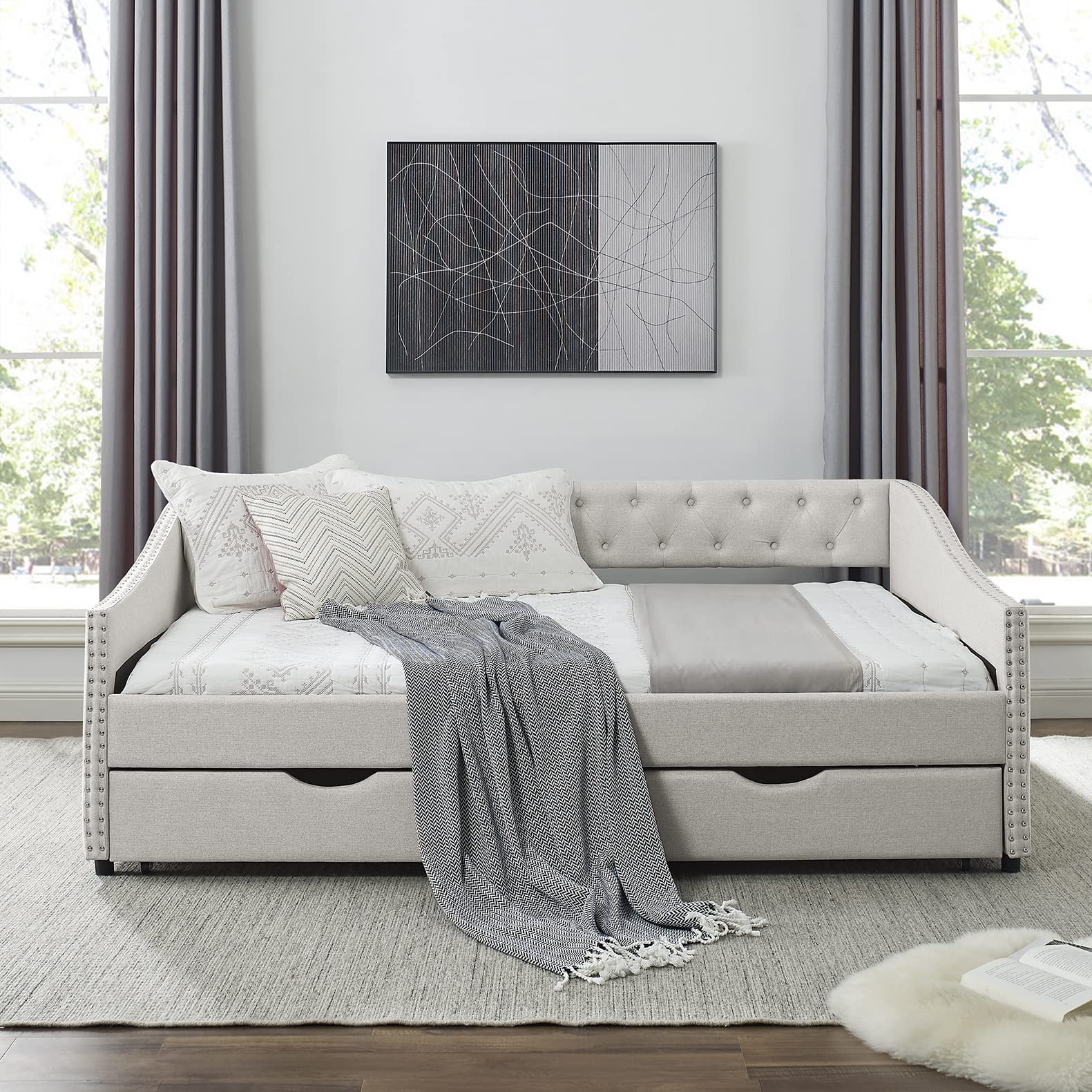SmartDer Wood Queen Size Daybed, Day Bed Frame with 2 Storage Drawers, Upholstered Bed Frame Queen Sofa Bed with Button and Nailhead Design for Bedroom Guest Room, No Box Spring Needed, Dark Grey