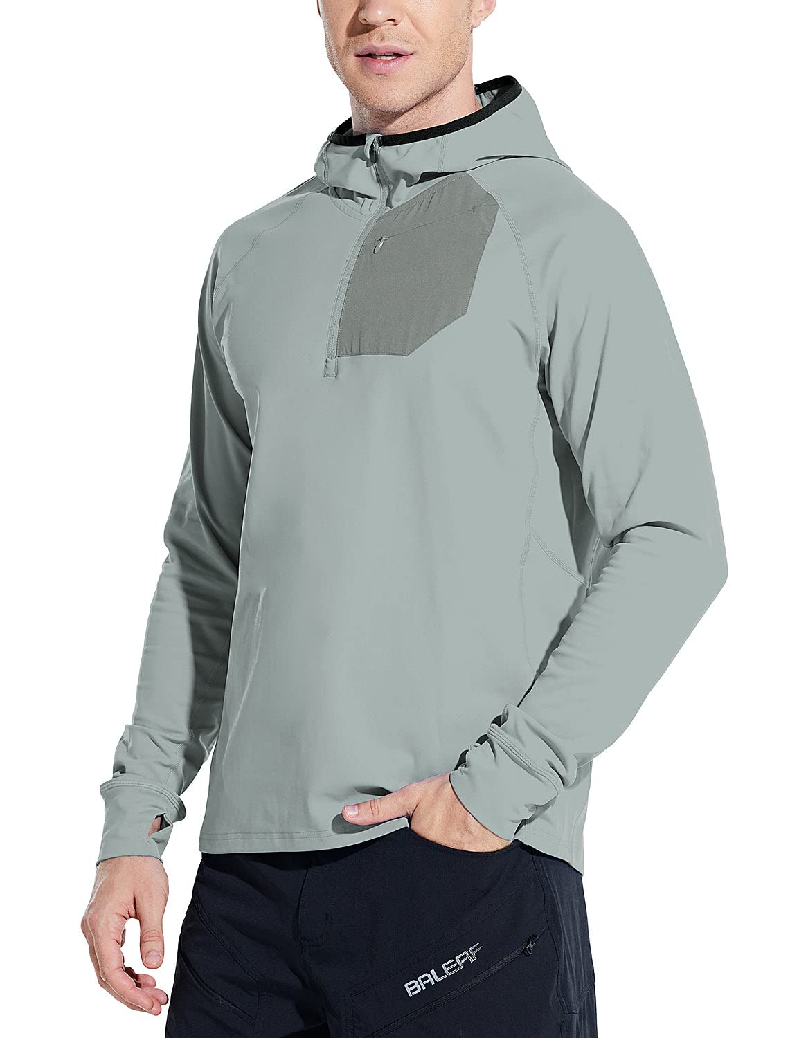 BALEAF Men's Running Jacket Cold Weather Zip Hoodie with Zipper Pocket Long Sleeve Thermal Pullover for Hiking Cycling Light Grey XL