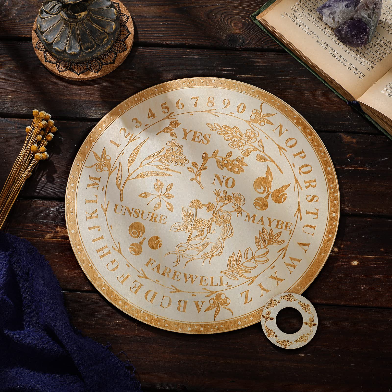 Wooden Spirit Board Pendulum Board Herbal Round Spirit Board Floral Talking Board Game Plants Flowers Witchcraft Decor Wood Divination Tools for Altar, Spirit Hunt, Occult Practice