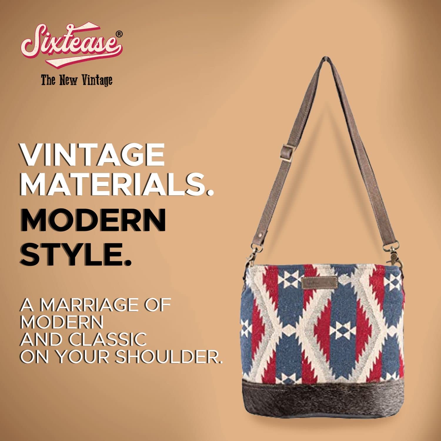 SIXTEASE Womens Shoulder Bag Vintage Style Shoulder Bags for Women - Made with Genuine Leather, Upcycled Canvas, or Hair On - Handmade, Adjustable Strap, Brass and Zinc Hardware - Primrose