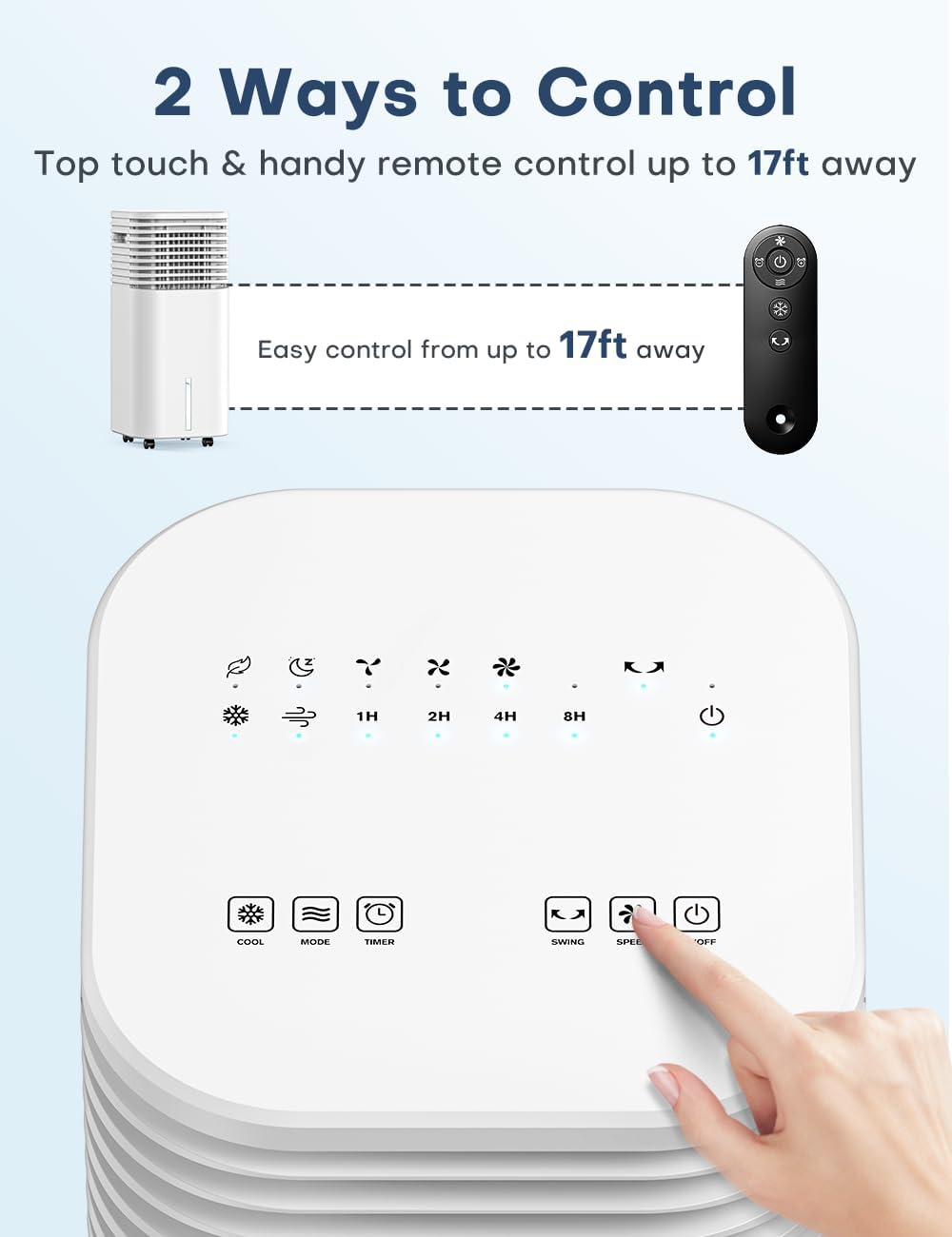 CENSTECH 4-IN-1 Portable Air Conditioners, Evaporative Air Cooler w/4 Modes & 3 Speeds, 15H Timer for Smart Auto-off, 2-Gal Tank for 20H Cooling,17FT Remote,No Hose Needed,120ยฐOscillating Swamp Cooler