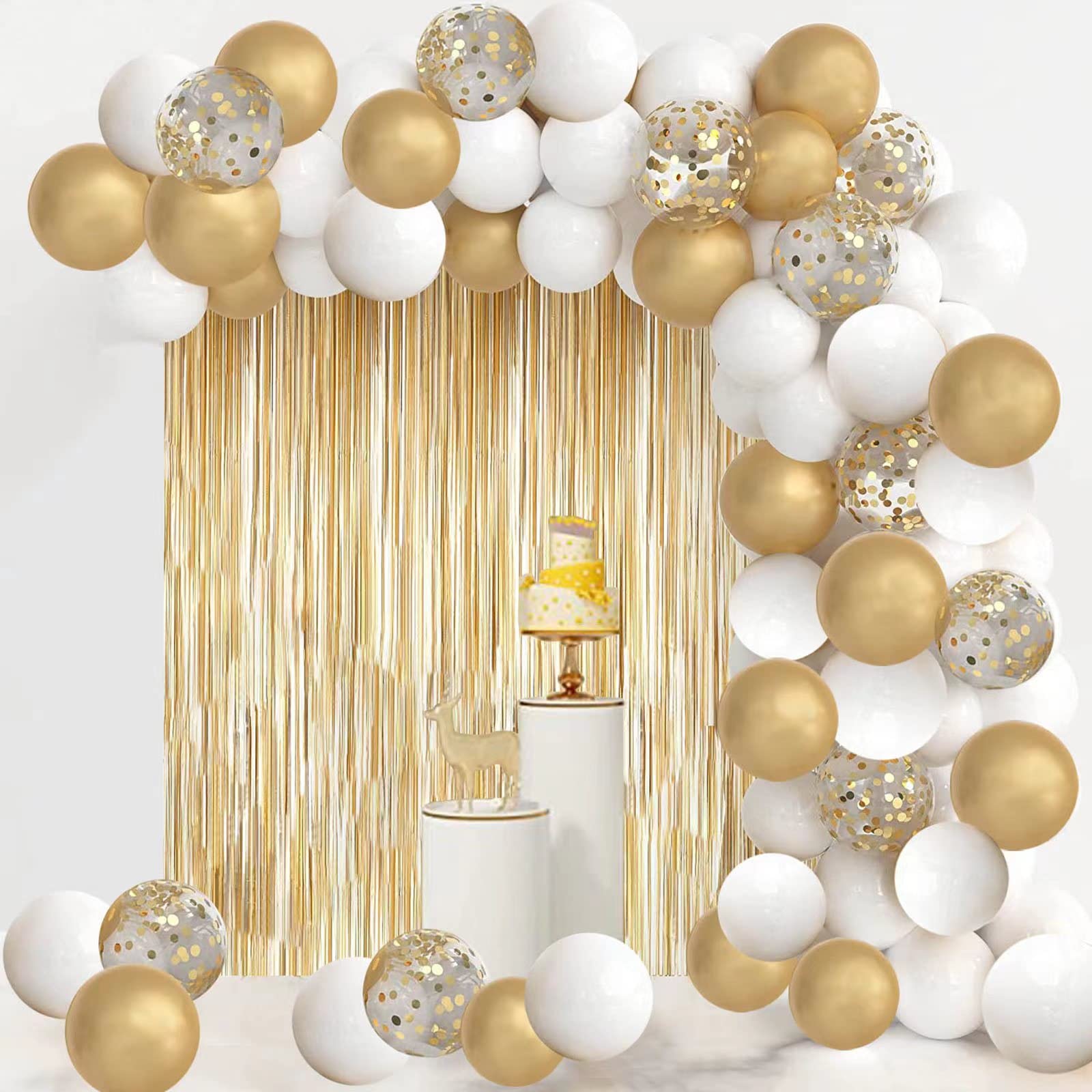 White and Gold Balloon Garland Arch Kit , White and Gold Party Decorations with 1pcs Gold Tinsel Curtains for Graduation Party New Years Birthday Anniversary