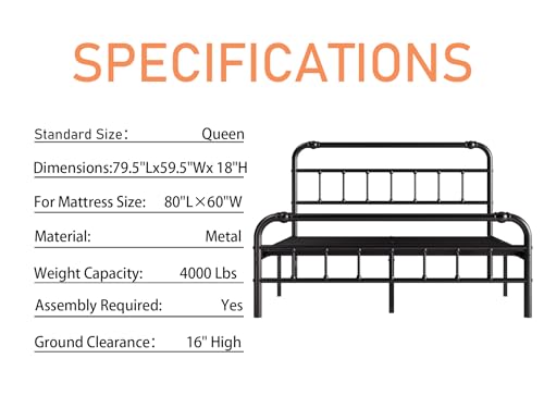 Bednowitz Queen-Bed-Frame-with-Headboard and Footboard, 18 Inch High Metal Platform Queen-Size-Bed-Frame, 4000 Lbs Heavy Duty Steel Slats Support, No Box Spring Needed, Noise Free