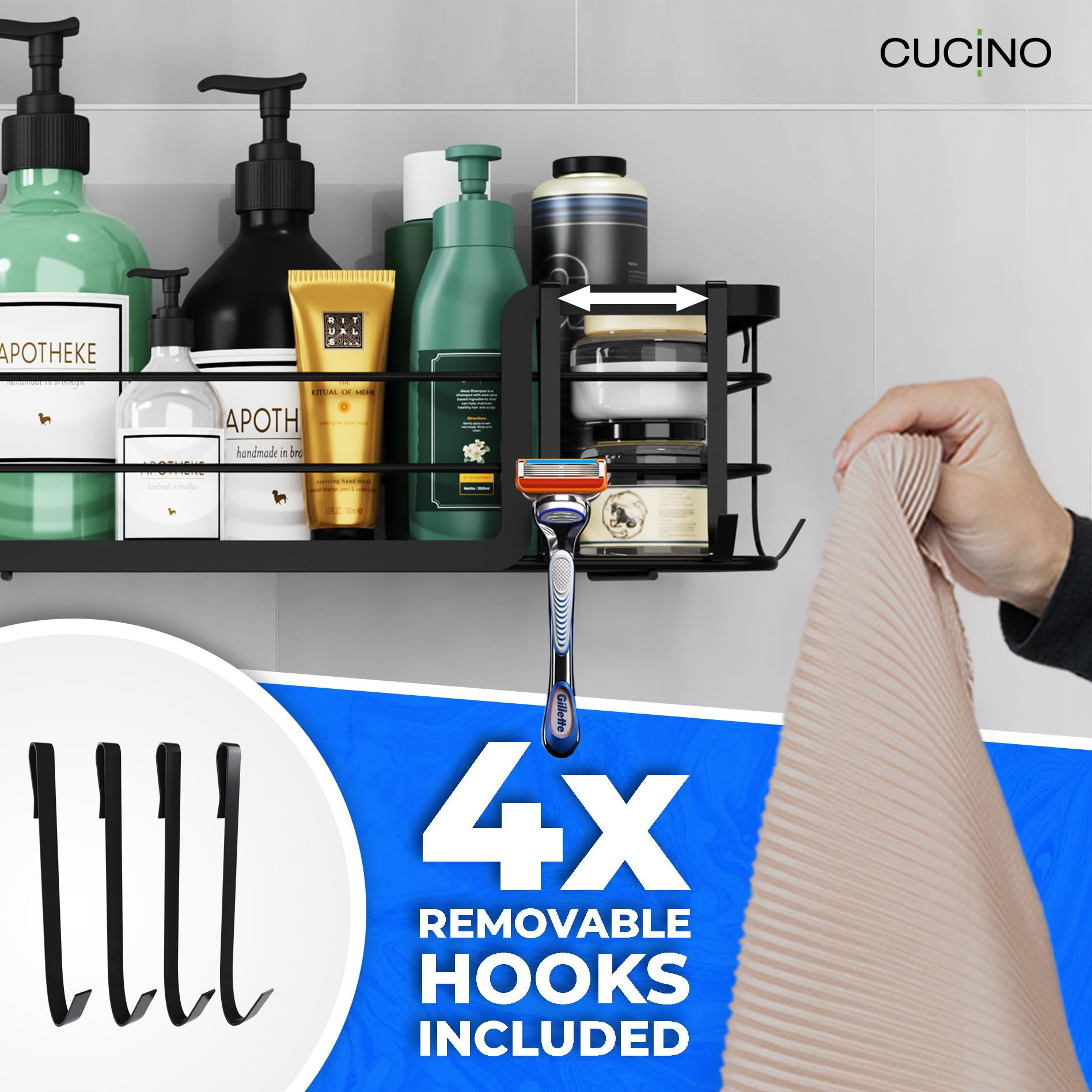 Cucino Extra-Large Shower Caddy 2-Pack - 16-Inch Rust-Resistant Black Shower Shelves for Inside Shower, Adhesive Organizer with 4 Removable Hooks, XL Shower Racks for Inside Shower
