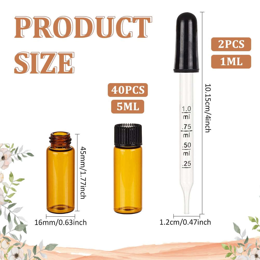 BENECREAT 40 Pack 5ml Amber Brown Orifice Reduce Essential Oil Bottles with Glass Droppers for Aromatherapy Fragrance Oils