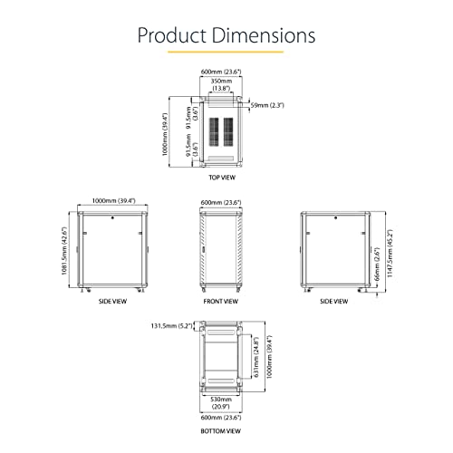 StarTech.com 22U Server Rack Cabinet with secure locking door - 4 Post Adjustable Depth (5.5" to 28.7") - 1768 lb capacity - 19 inch Portable Network Equipment Enclosure on wheels/casters (RK2236BKF)
