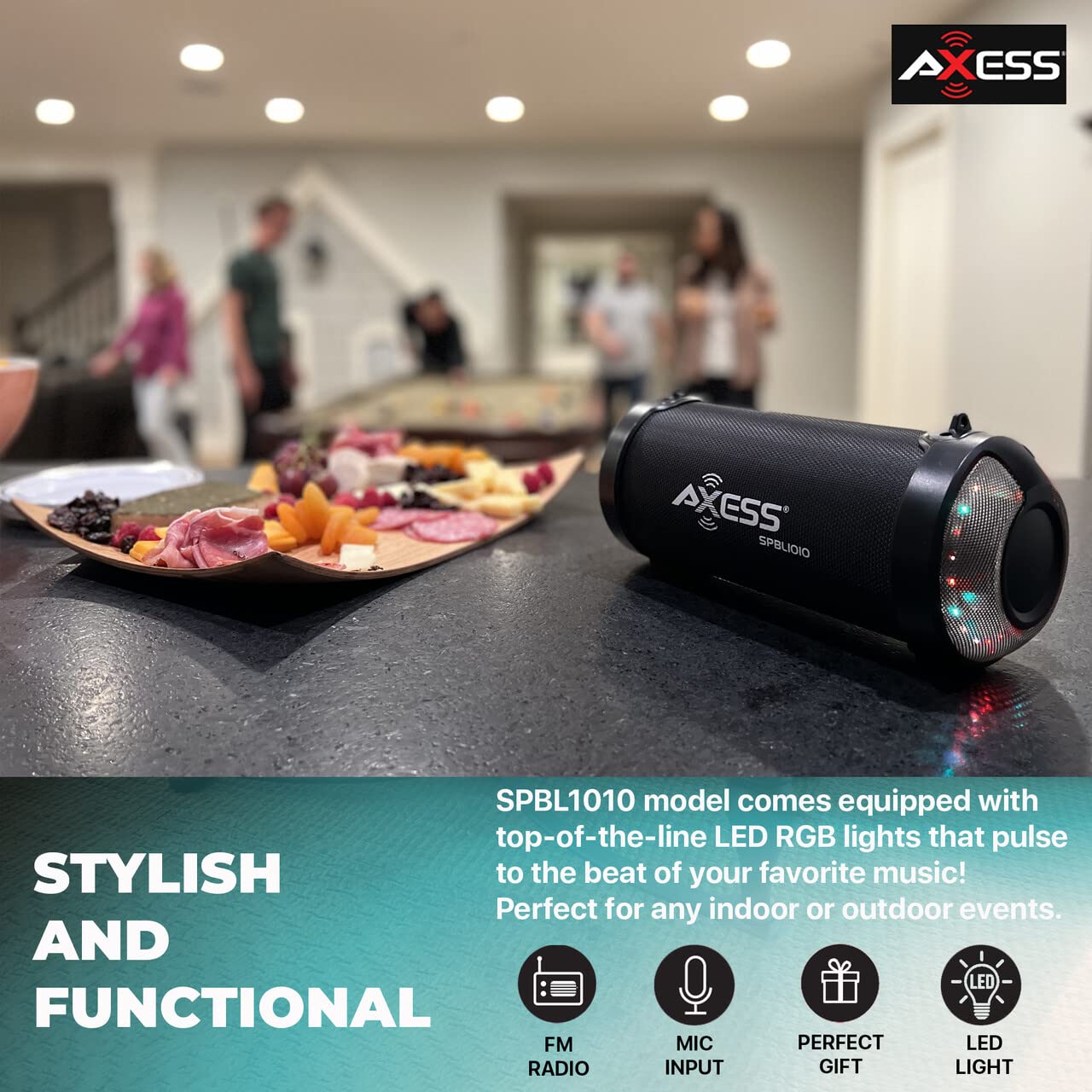Axess Portable Wireless Bluetooth Speaker β USB C, FM Radio, & Aux Inputs 3β Speaker for Rich Sound & Bass with LED Lights, TWS+ Link, Good for Home Or Outdoor Use SPBL1010 Small Bluetooth Speaker