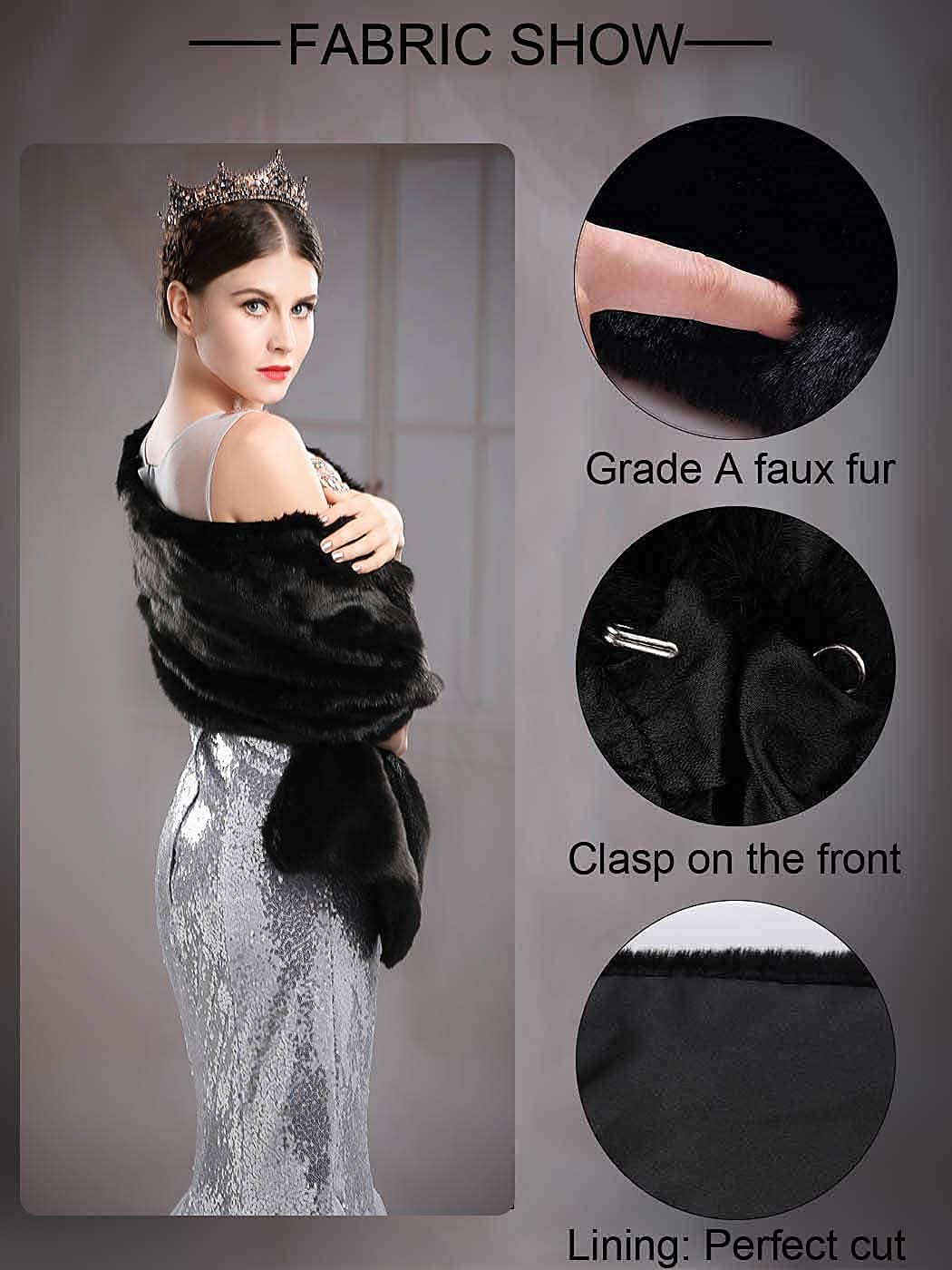 Aukmla Faux Fur Shawl Wedding Fur Wraps and Shawls Bridal Fur Stole Winter Cape Shrug for Brides and Bridesmaids (Black)