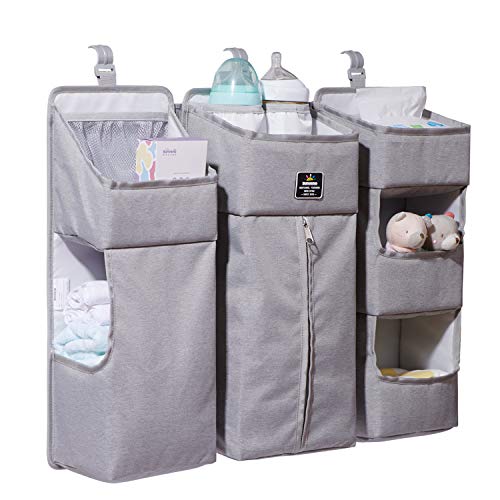 SUNVENO 3-in-1 Detachable Changing Table Diaper Organizer, Crib Hanging Diaper Organizer for Baby Essentials Storage, Grey