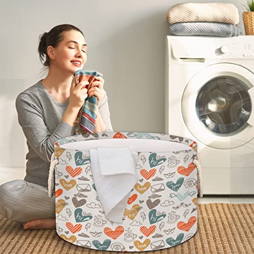 Love Heart Birds Letter Pattern Large Round Baskets for Storage Laundry Baskets with Handles Blanket Storage Basket for Bathroom Shelves Bins for Organizing Nursery Hamper Girl Boy