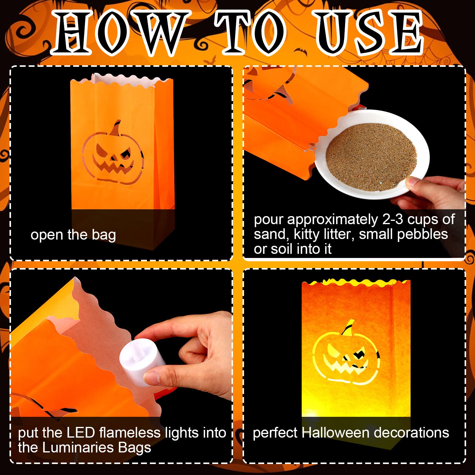 Meanplan 48 Pcs Halloween Luminary Bags with LED Light Candles Set 24 Pcs Luminary Candle Bags 24 Pcs LED Tealight Candles Ghost Lantern Bags for Halloween Outdoor Indoor Patio Decorations (Novel)