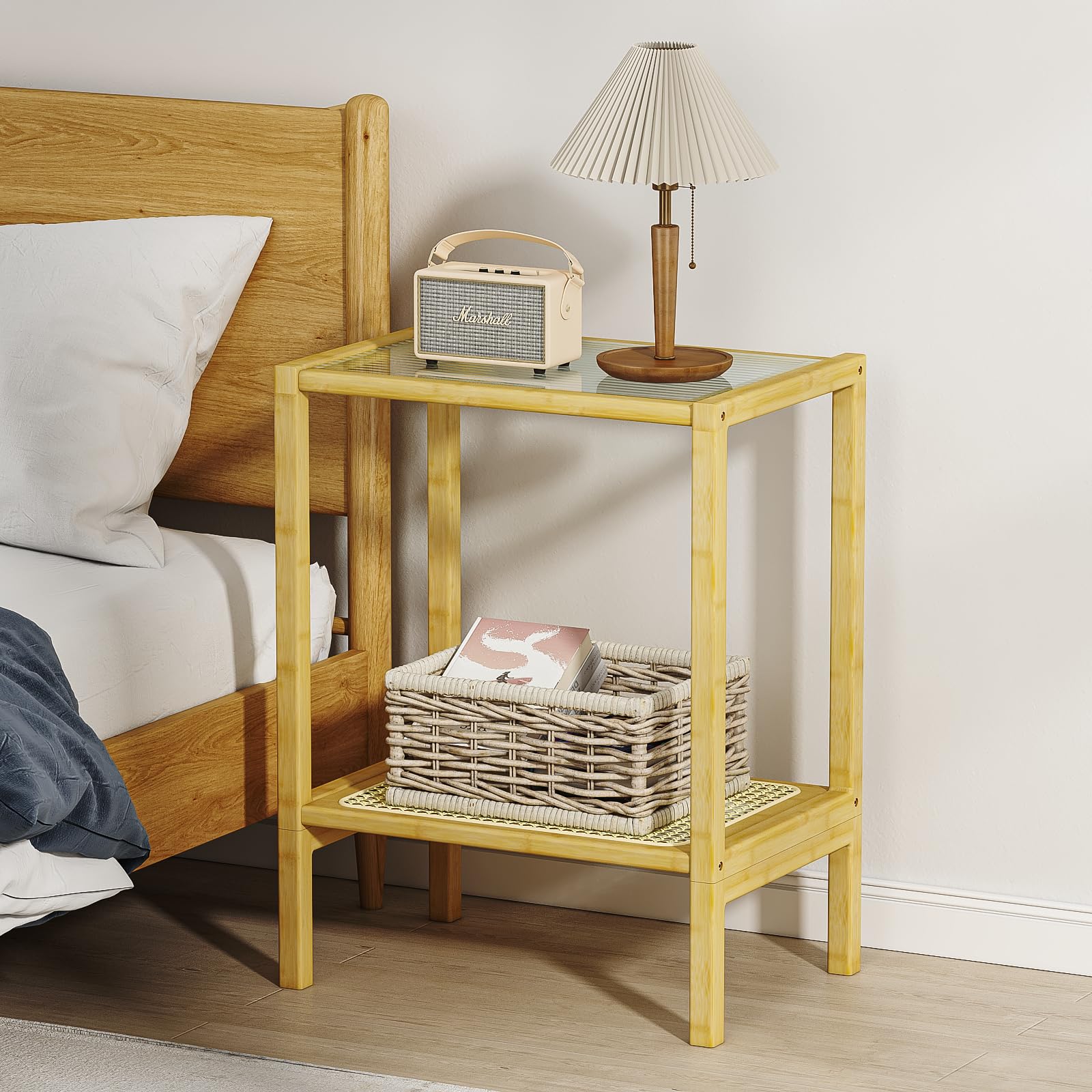 Bamworld Side Table Nature Rattan Night Stand Glass End Table 2-Tier with Storage Boho Bedside Table for Small Spaces Bamboo Coffee Table for Bedroom Living Room
