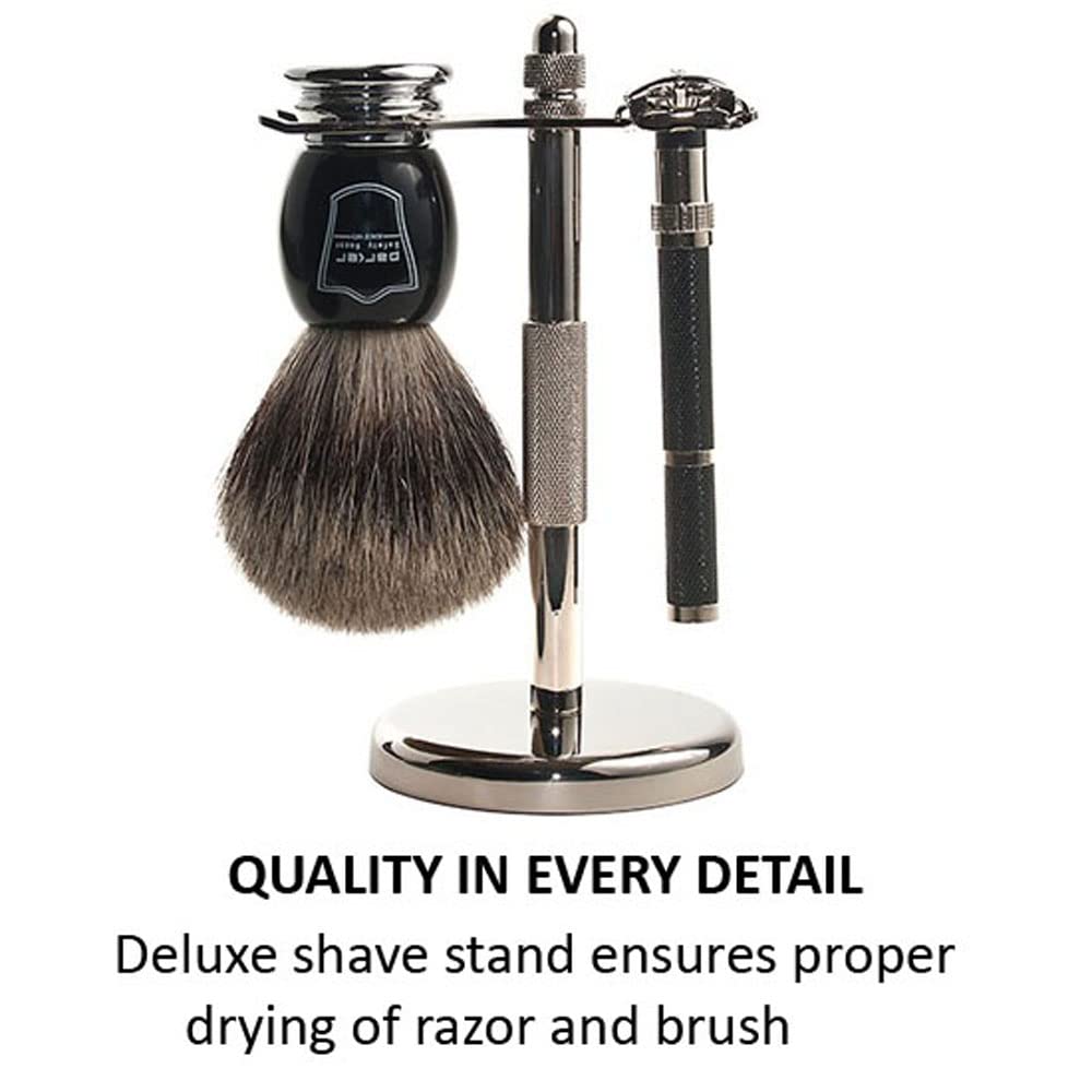 Parker 96R Men's Safety Razor Shave Set - Includes Parker Luxurious 3-Band Pure Badger Shave Brush, Deluxe Chrome Shave Stand & Parker 96R Butterfly Open Safety Razor