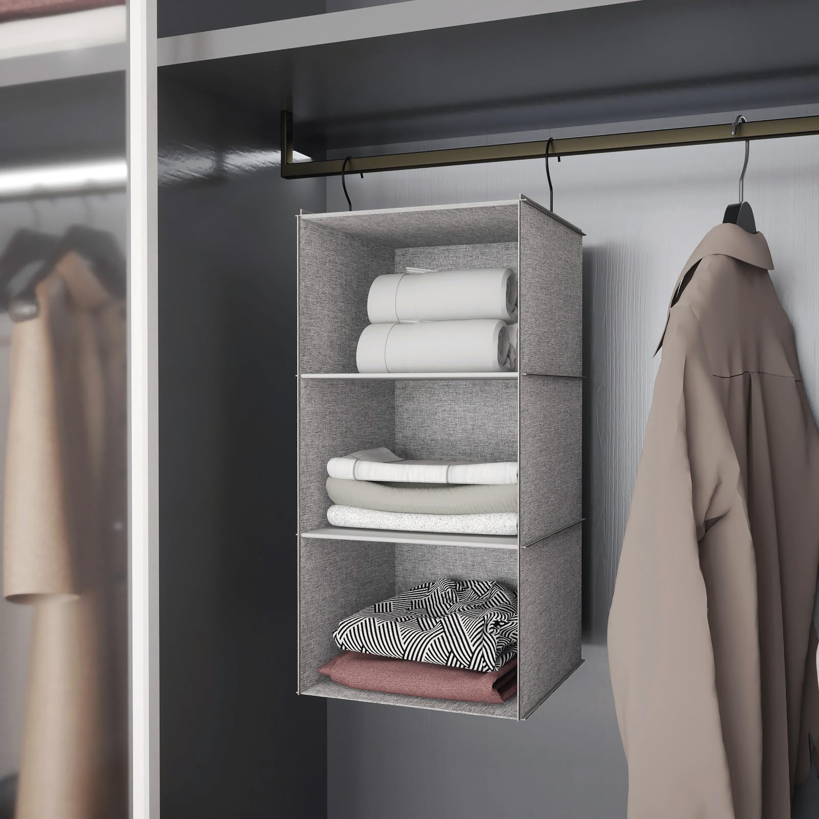 DonYeco Hanging Closet Organizer, Easy Mount Collapsible 3-Shelf Camper Closet Wardrobe Hanging Storage Shelves, Folded Clothes Towels Handbag Shoes Accessories Storage, Linen Cloth, Gray