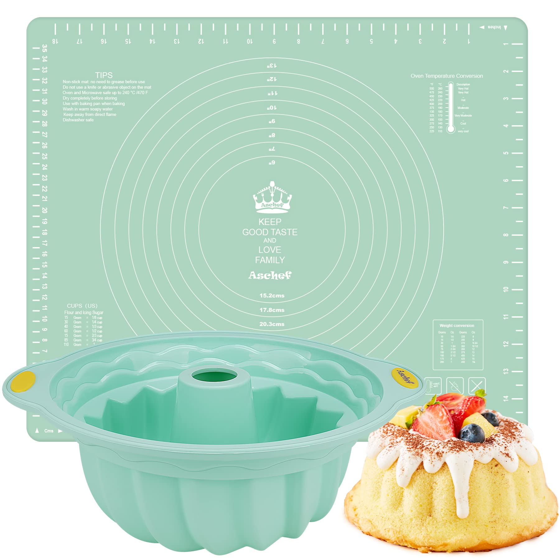Aschef Steel Reinforced Frame Nonstick Silicone Bundt Cake Pan Baking Mold w/Baking Mat Set-BPA Free, Dishwasher & Microwave Safe