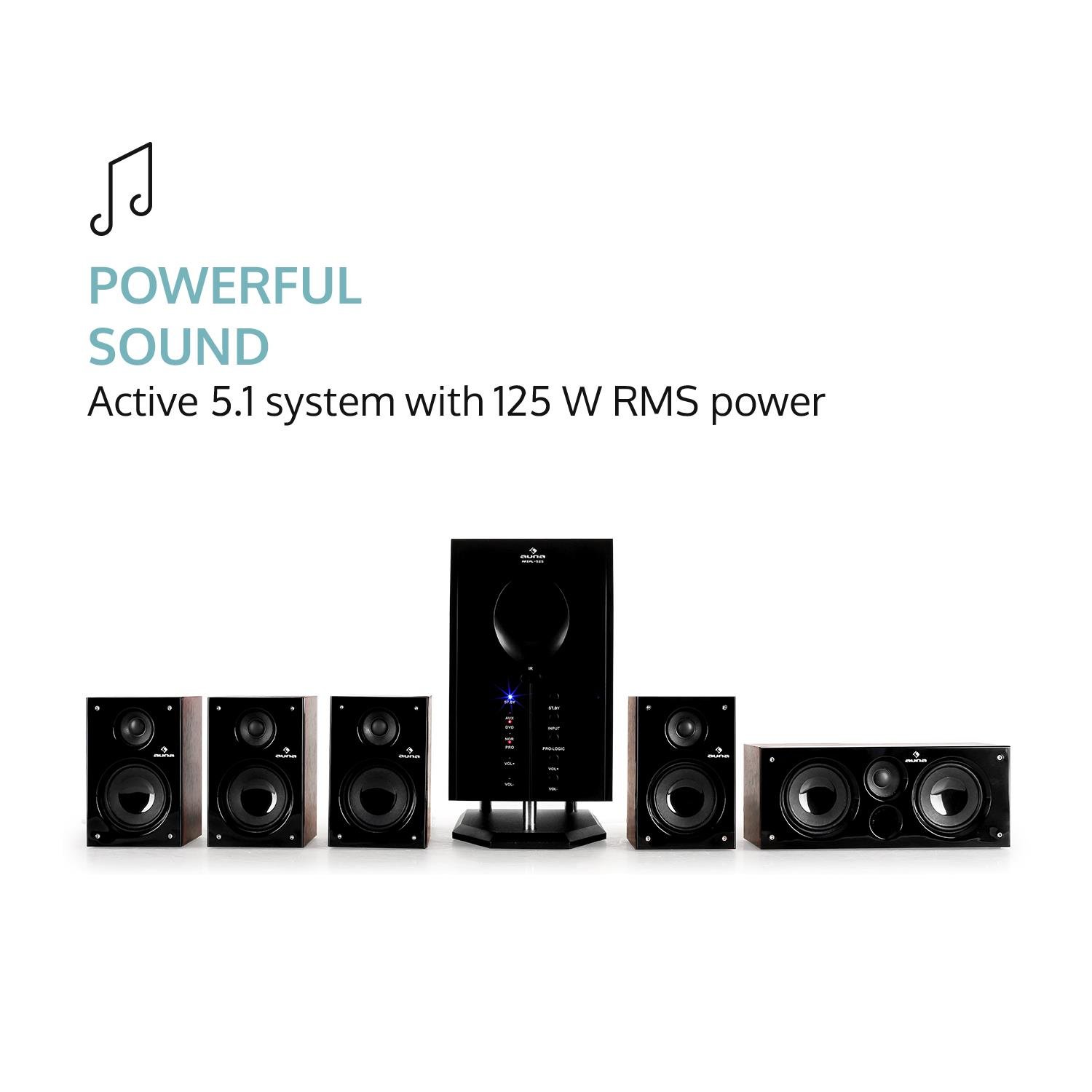 AUNA Areal Active 525-5.1 Surround Sound System, Home Theater System, Elegant Design, Bass Reflex, 5 Satellite Speakers, Bluetooth, USB Port, SD, AUX, Walnut