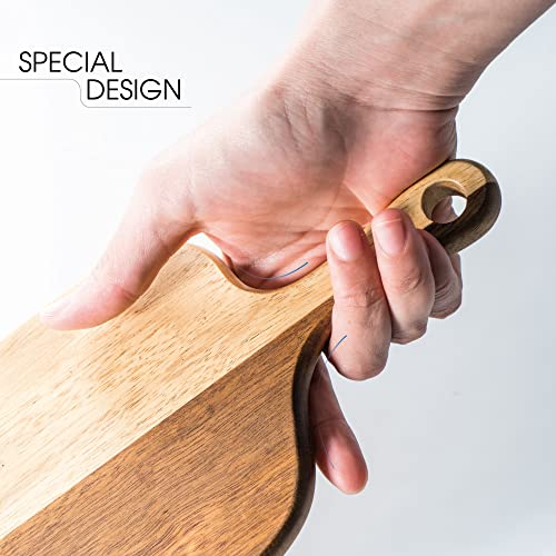BILL.F Acacia Wood Cutting Board with Handle Small Size Long Wooden Charcuterie Board Paddle Cheese Board Serving Boards for Kitchen Meat, Pizza,Cheese, Bread, Vegetables &Fruits 16'' x 4.7'' x 0.6''