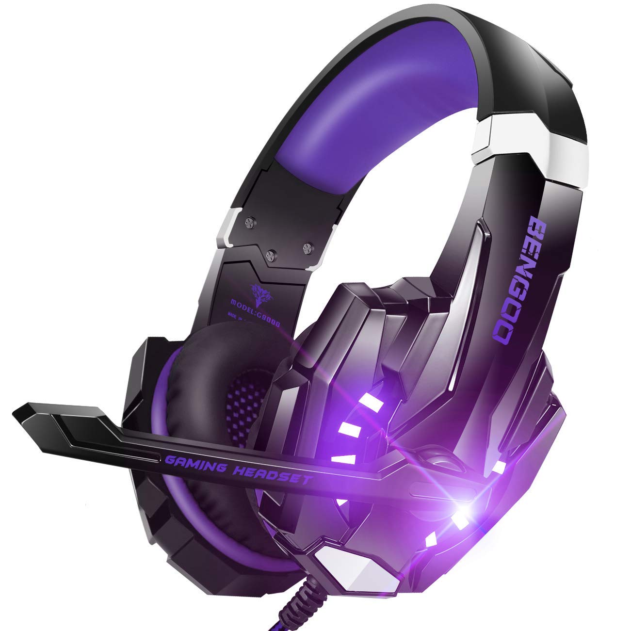 BENGOO G9000 Stereo Gaming Headset for PS4, PC, Xbox One Controller, Noise Cancelling Over Ear Headphones with Mic, LED Light, Bass Surround, Soft Memory Earmuffs (Purple) (Renewed)