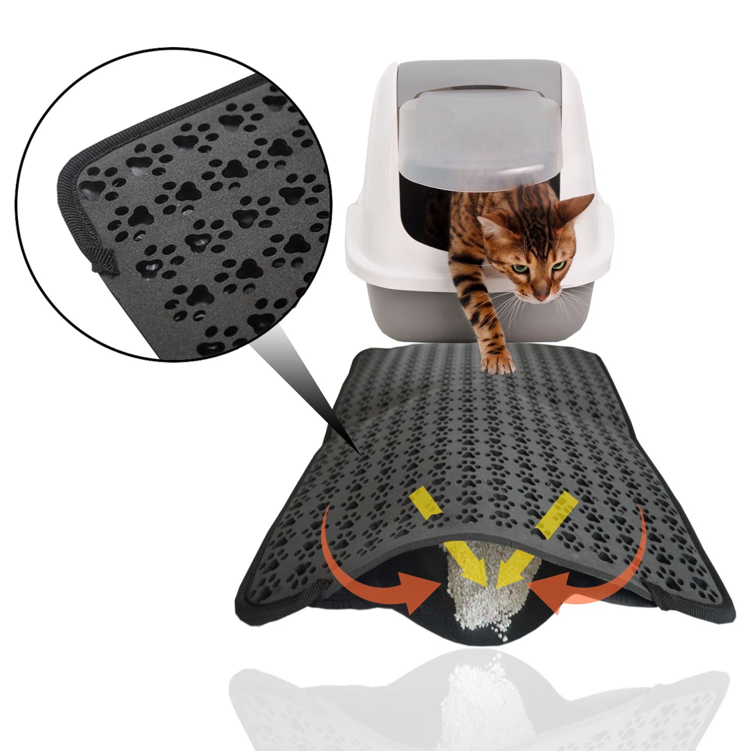 KAYOUBI Cat Litter Mat Litter Trapping Mat (Right Hand Pet Grooming Gloves Cat Brushes Included) Double-Layer Kitty Paw Design Kitty Mat (with Glove for GentleShedding) (WITH GLOVE, BLACK BLUE)