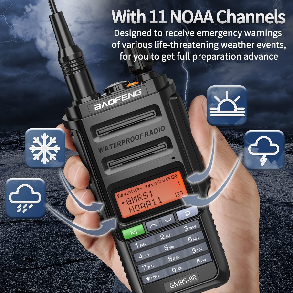 BAOFENG GMRS Radio Waterproof IP67,GMRS-9R Two Way Radios Long Range Handheld Radio Rechargeable,Dual Band NOAA Scanner, GMRS Repeater Capable, with Type-C Charger AR-771 Antenna Headsets etc,2pack