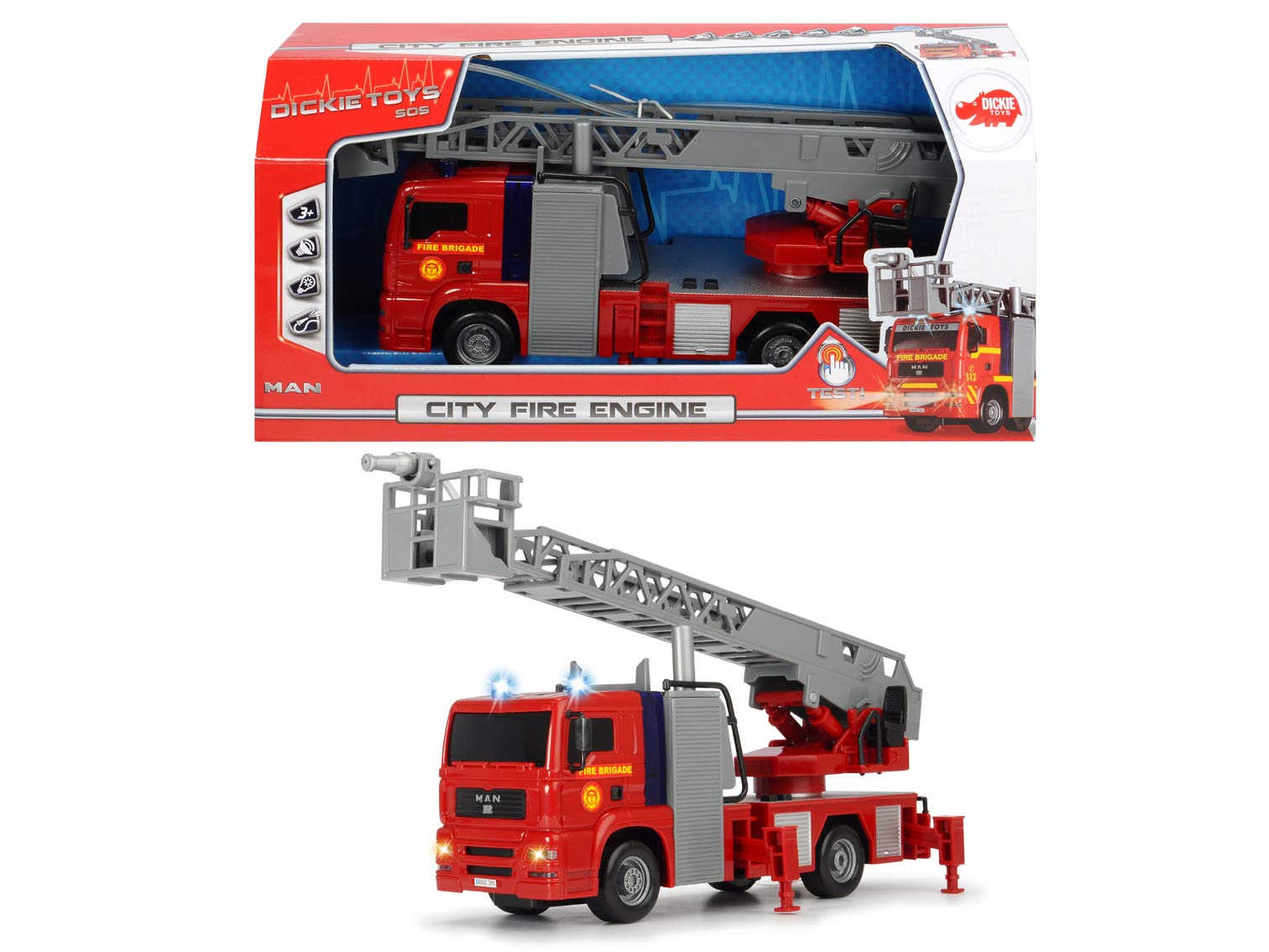 DICKIE TOYS 12" Light and Sound SOS Fire Engine Vehicle (with Working Pump), Red