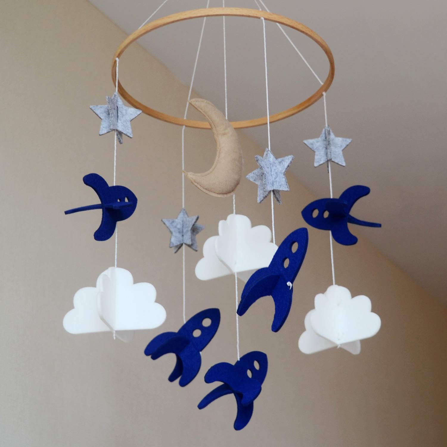 Baby Crib Mobile by Baby Sanda - Spaceships, Stars, Clouds and Moon - Navy Blue, Gray, White and Tan