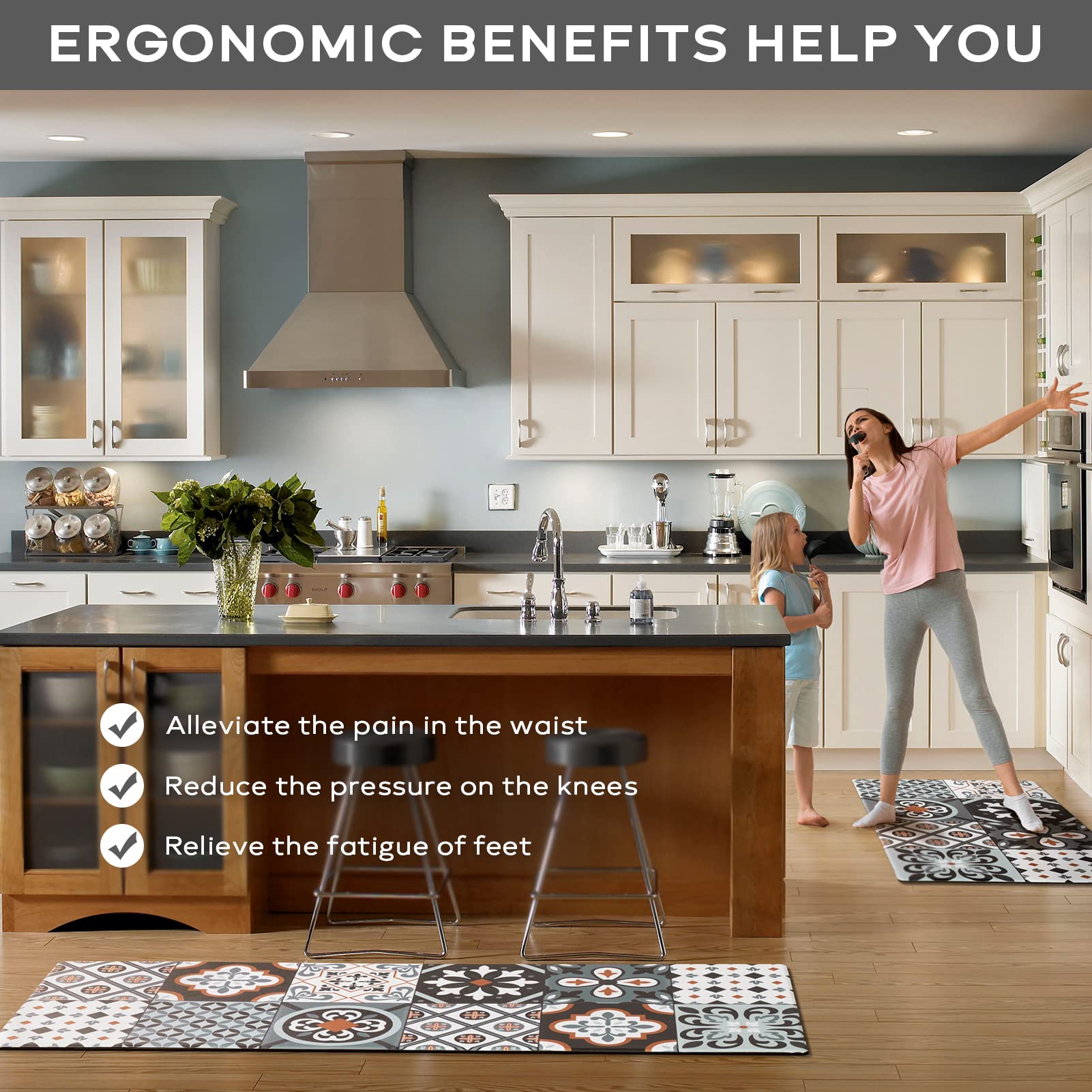 Ashler Kitchen Mats Anti-Fatigue Kitchen Rugs, Non-Slip Waterproof Kitchen Floor Mats, 2PCS Ergonomic Comfort Foam Standing Rug for Kitchen, Office, Floor, Laundry, Sink, 17x47 in & 17x29 in, Blue