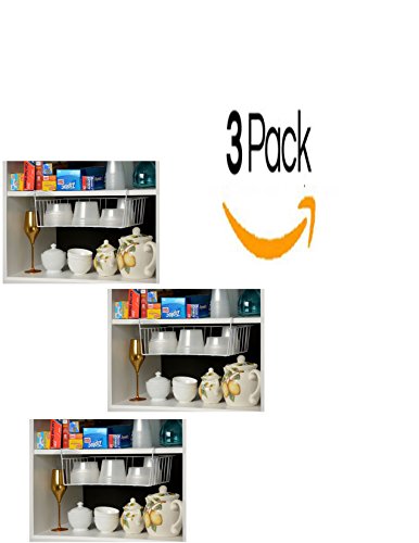 YBM HOME Under Shelf Wire Basket Storage Organizer for Kitchen Pantry - Hanging Storage Cabinet Organizer Rack Adds Extra Storage Space Underside the Shelf, Medium, 3 Pack White