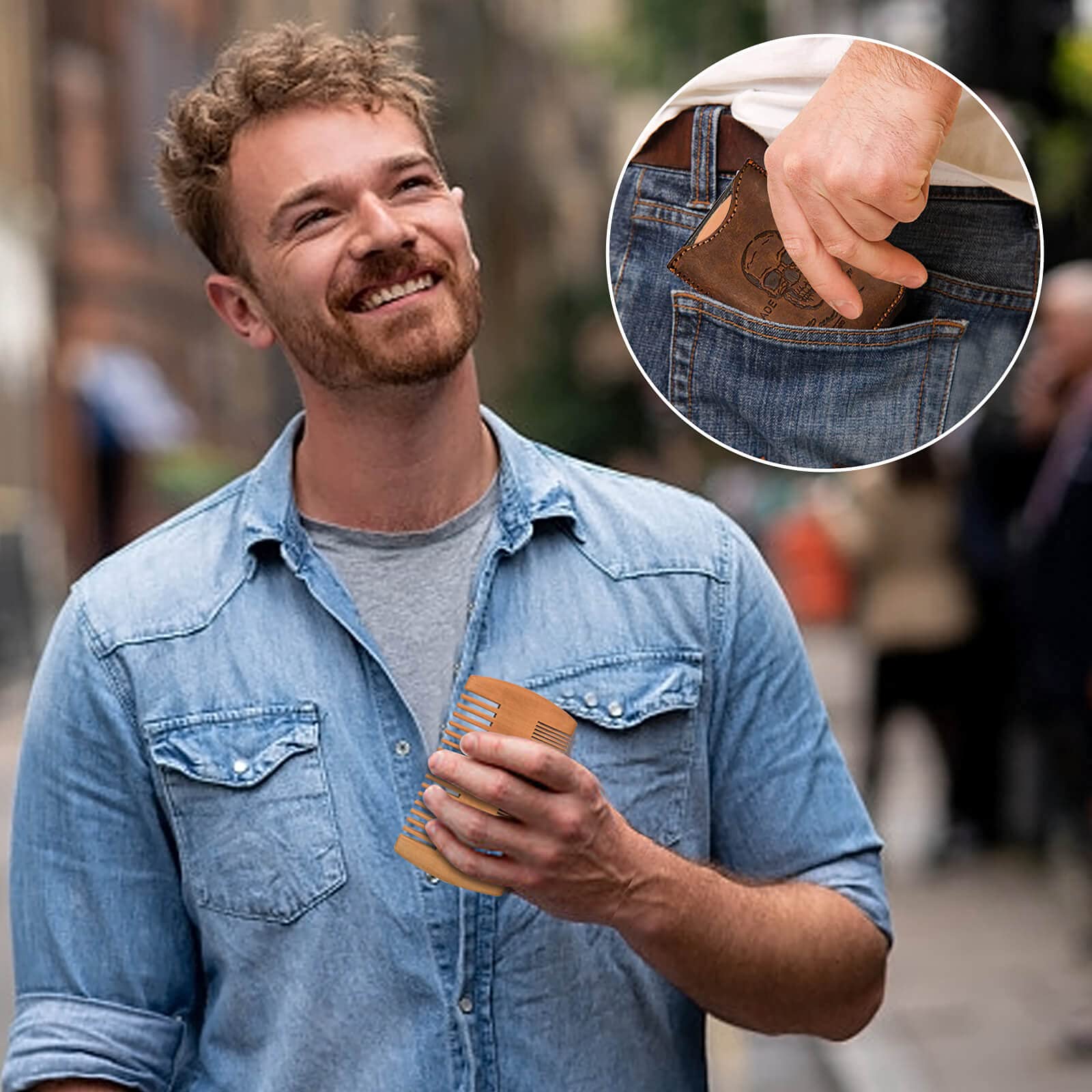 Beard Power Wooden Beard Comb & Durable Case for Men with Sexy Beard, Fine & Coarse Teeth, Pocket Comb for Beards & Mustaches,Brown Skull Design