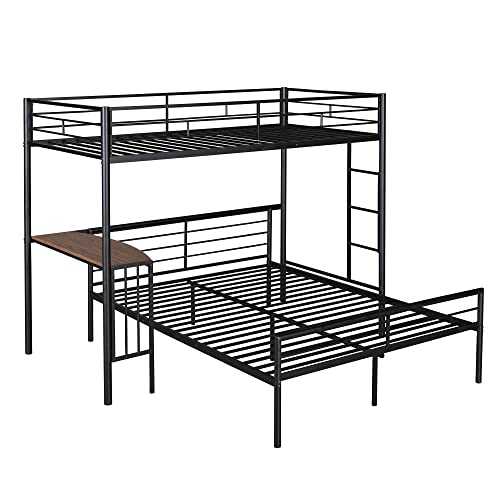 ATY Metal Bunk Beds Twin Over Full Size, L Shaped Steel Bedframe w/Desk & Built-in Ladder and Full-Length Guardrail, No Box Spring Needed, Black