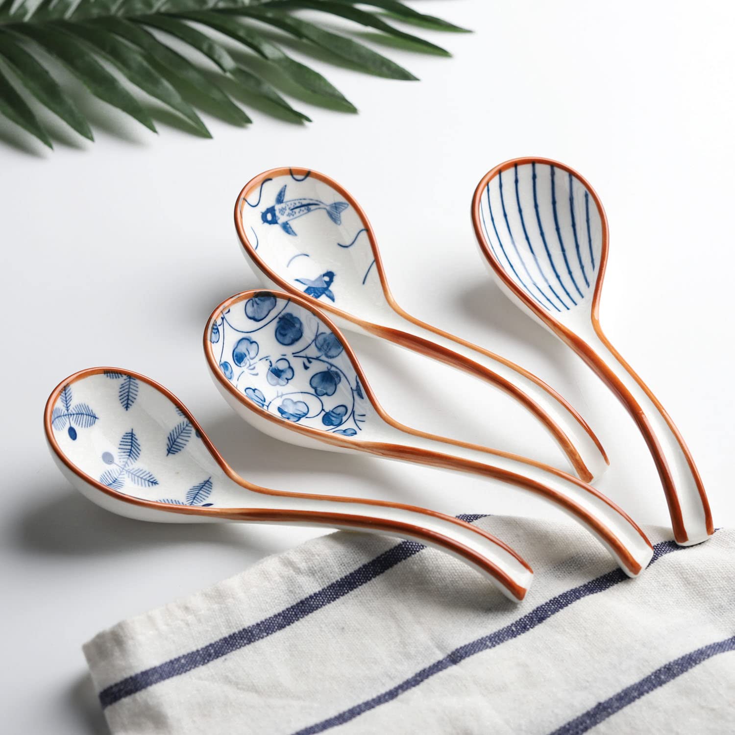 Asian Soup Spoon Ceramic Ramen Spoons Korean Spoons Porcelain Japanese Soup Spoon for Ramen Noodles Pho Miso Dumpling 4pcs (Style 1)