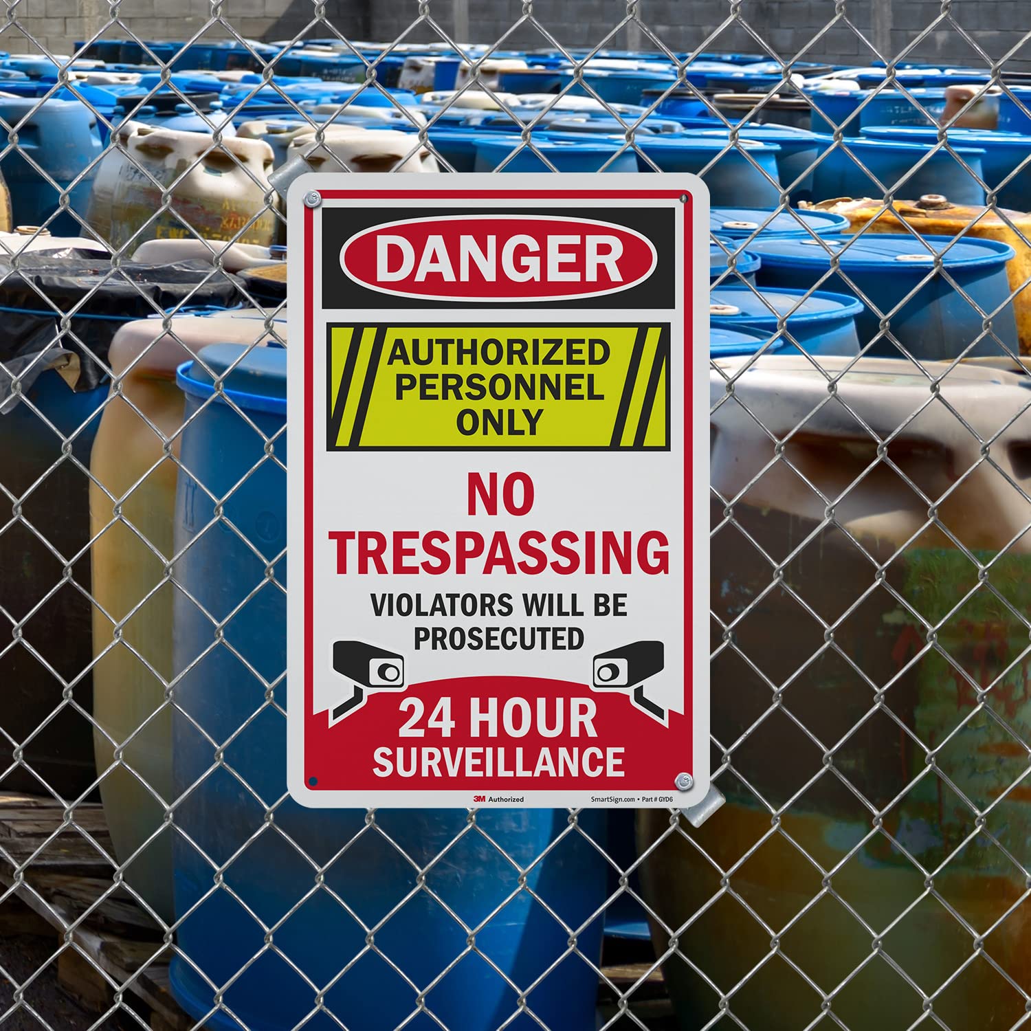 SmartSign 18 x 12 inch “Danger - Authorized Personnel Only, No Trespassing, 24 Hour Surveillance” Metal Sign, 63 mil Aluminum, 3M Laminated Engineer Grade Reflective Material, Multicolor, USA-Made