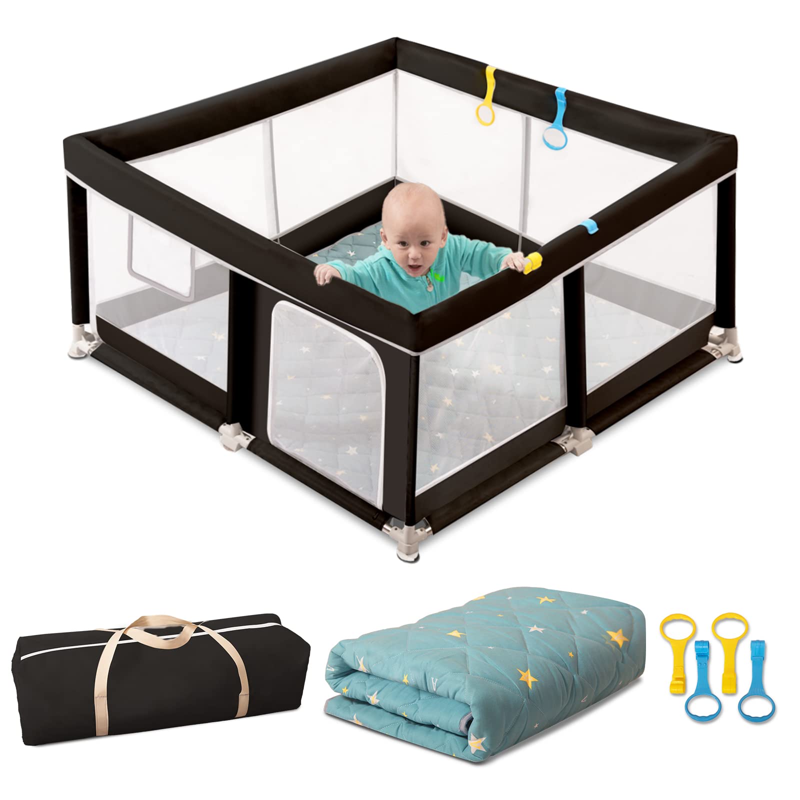 Baby Playpen with Mat, Baby Playyard with Mat 2.2lb Thicker Cotton Play Mat, Easy to Install Playyard with Mat, Sturdy Playpen with 0.2IN Protection Cover, Storage Bag,4 Pull Rings
