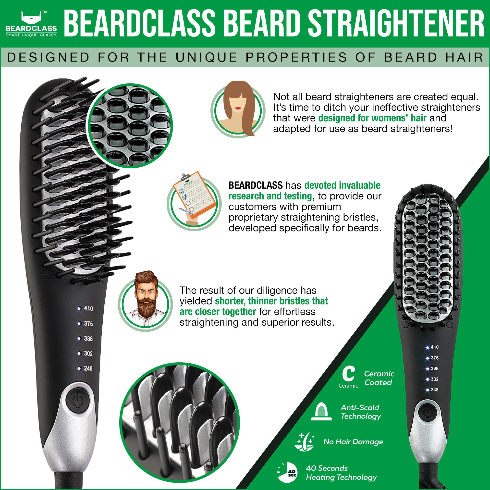 BEARDCLASS Premium Beard Straightener Comb - USA Designed for Beards! Fast Heating Electric Straightening Brush for Men with Anti-Scald Technology - Adjustable Temperature Portable Heated Straightner