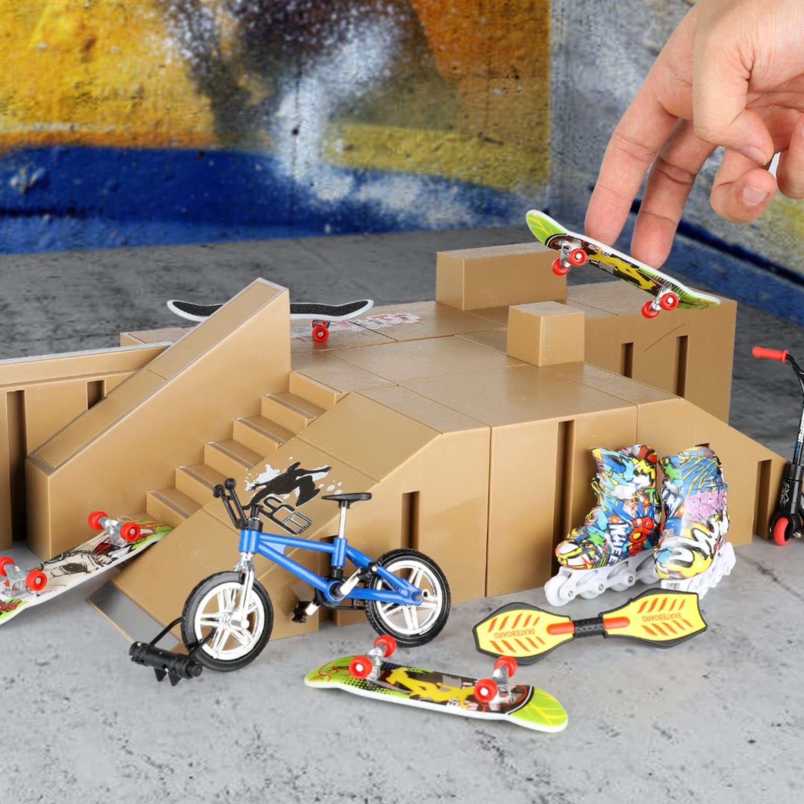 HOMETALL Fingerboard Skatepark Set 5Pcs with 13Pcs Mini Finger Toy Set Including Finger Skateboards, Finger Bike, Fingerboard Skate Park Skateboard Ramps Rail Pack for Kids Gift