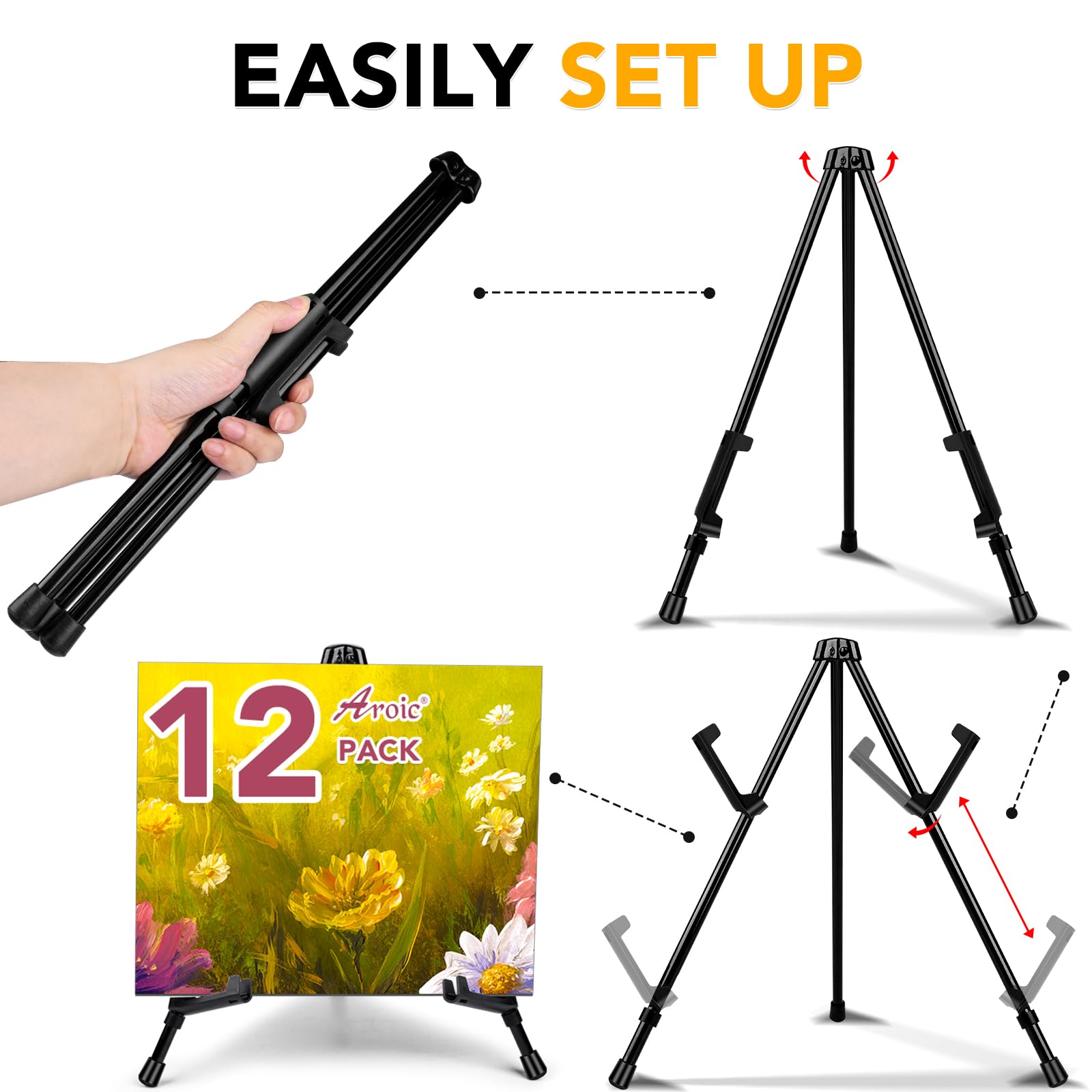 AROIC 14'' Tabletop Instant Display Easel, 12 PACK Black Small Steel Portable & Adjustable Collapsible Table Tripod Easels Stand, for Canvas Paintings, Signs, Event Signs, with 12 Storage Bags