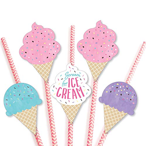 Big Dot of Happiness Scoop Up the Fun - Ice Cream - Paper Straw Decor - Sprinkles Party Striped Decorative Straws - Set of 24