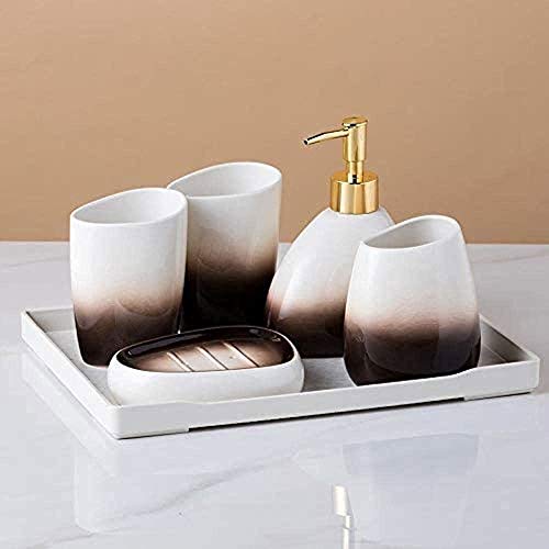Bathroom Accessories Set 4 Piece with Tray Includes Soap Dispenser Toothbrush Holder Tumbler Soap Dish Gradient Color Brown Bathroom Accessory Kit