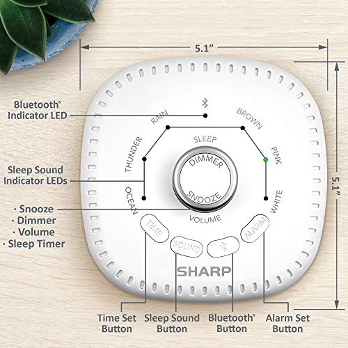 SHARP Sound Machine Alarm Clock with Bluetooth Speaker, 6 High Fidelity Sleep Soundtracks β White Noise Machine for Baby, Adults, Home and Office β White LED