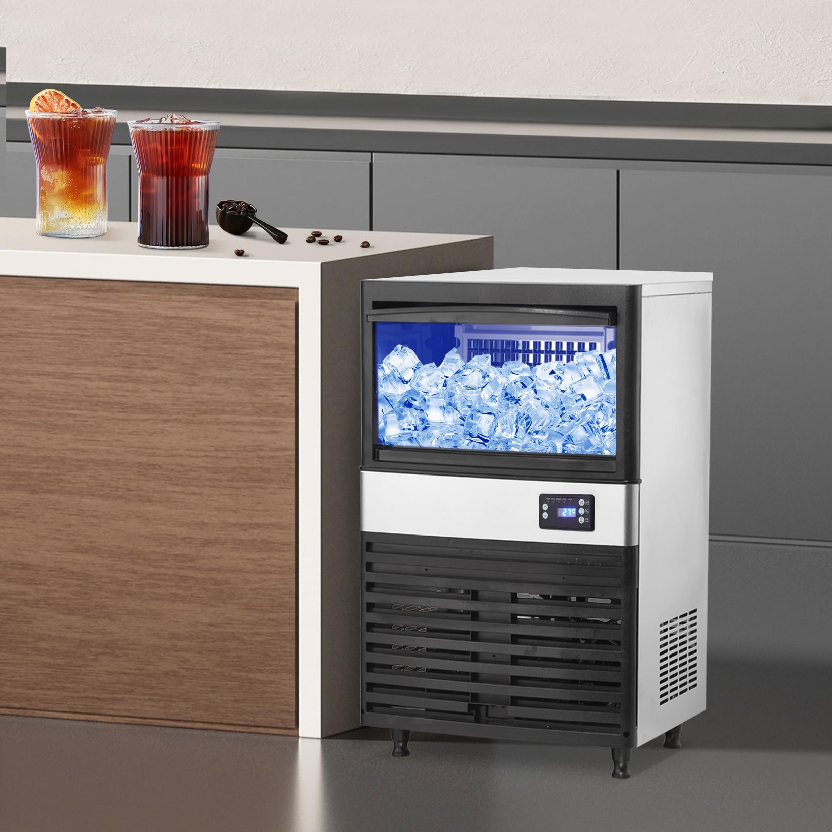Commercial Ice Maker Machine, 150LBS/24H Ice Machine with 30LBS Bin and Drain Pump, Water Filter, Scoops Included, with Blue Light Under Counter Ice Maker Machine