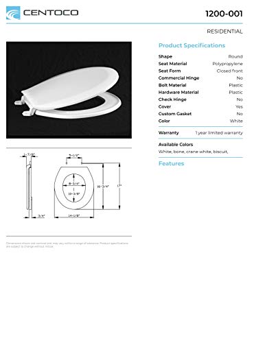 Centoco 1200-001 Round Plastic Toilet Seat, Standard Economy Model, Light Weight Residential, White