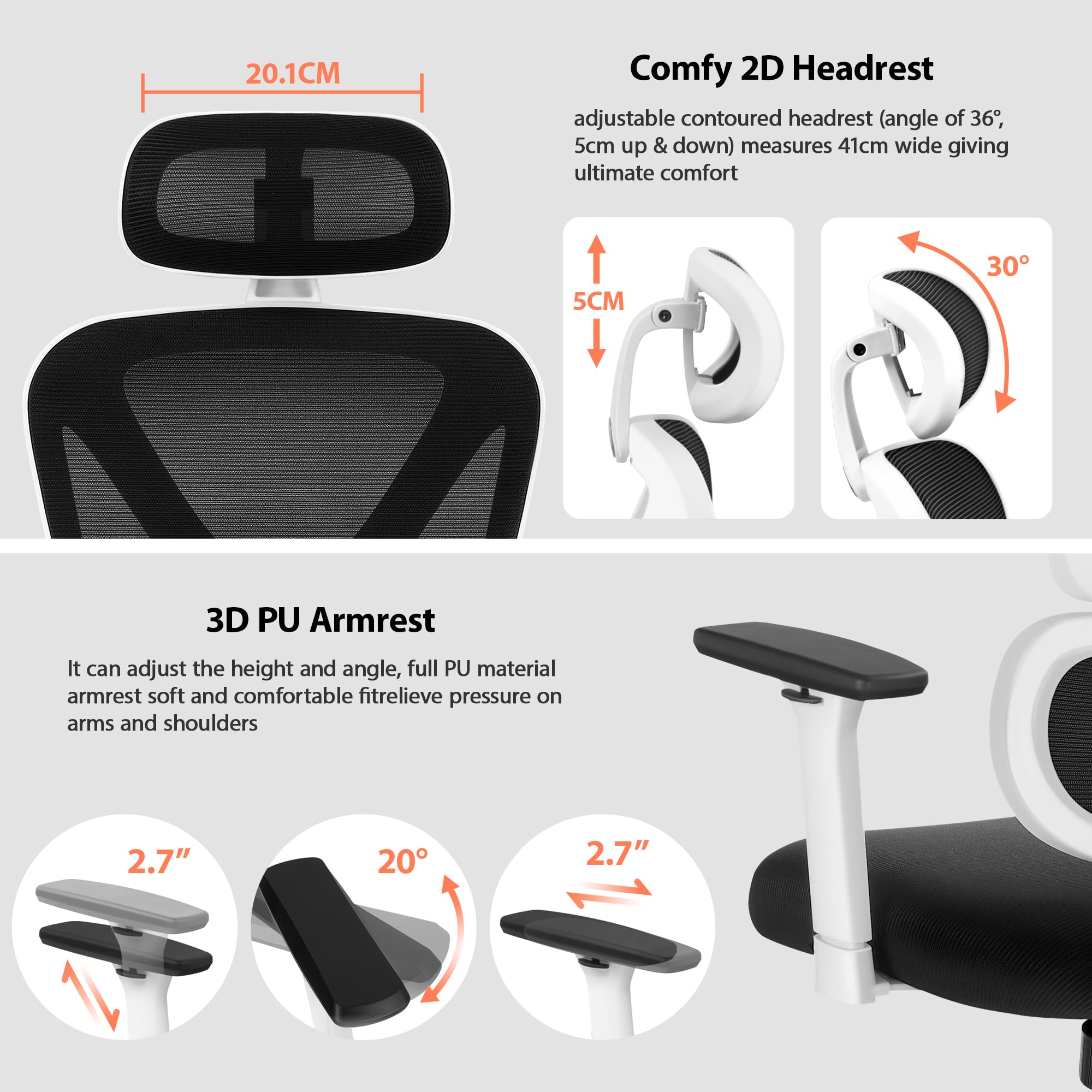 FelixKing Office Chair, Ergonomic Desk Chair with Lumbar Support, High Back Mesh Gaming Chair with Adjustable Headrest and Armrests for Conference Room White
