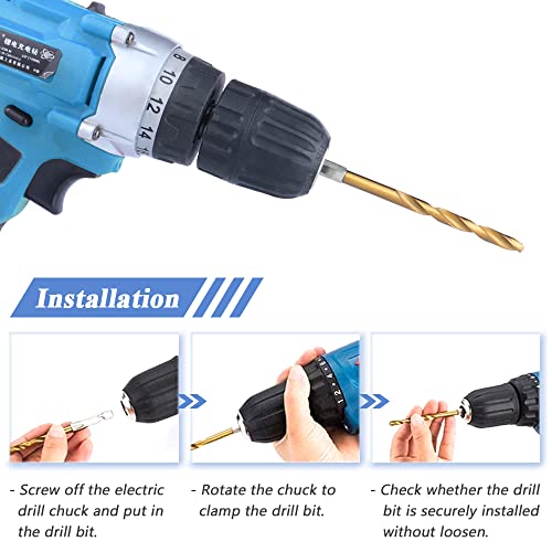 Mesee 13 Pieces Titanium Coated HSS Twist Drill Bit Set, Hex Shank High Speed Steel Drill Bits 1.5mm-6.5mm Quick Change Woodworking Drilling Tool