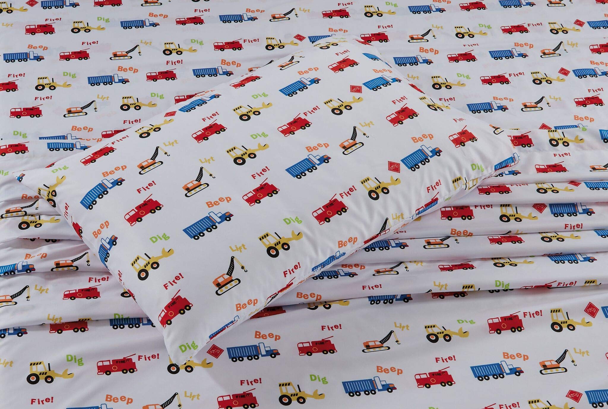 Better Home Style Multicolor Cranes Backhoes Construction Equipment Trucks Fire Engine Design for Kids/Boys 3 Piece Sheet Set with Pillowcase Flat and Fitted Sheets # Crane (Twin)