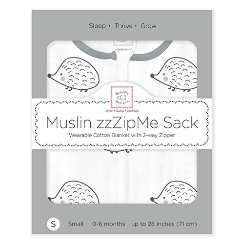 SwaddleDesigns Cotton Muslin zzZipMe Sleeping Sack, Wearable Blanket with 2-Way Zipper, Black Hedgehog, Large (12-18 Month) (Pack of 1)