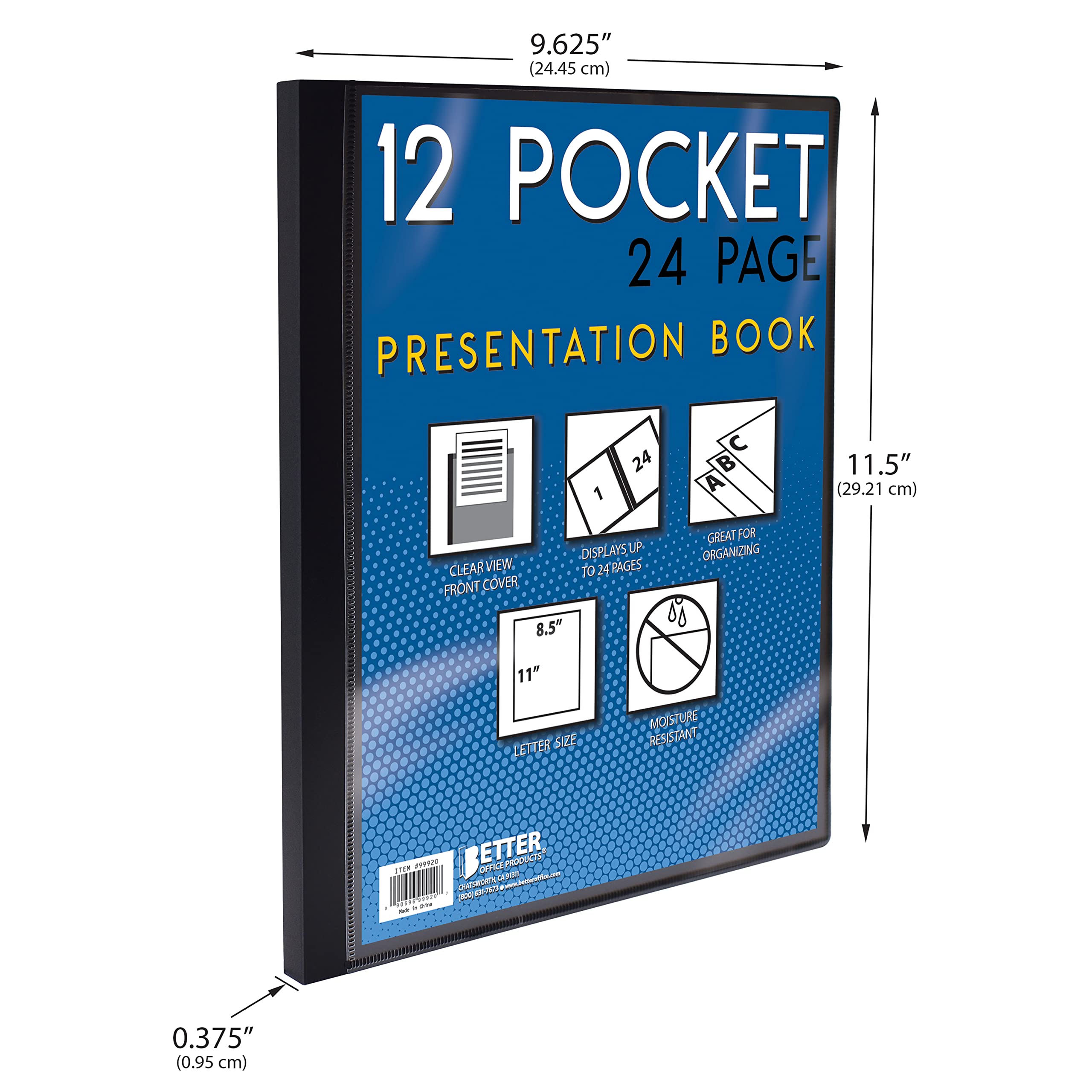 Better Office Products 12 Pocket Bound Presentation Book, Black with Clear View Front Cover, 24 Sheet Protector Pages, 8.5" x 11" Sheets, Art Portfolio, Durable Poly Covers, Letter Size, Black