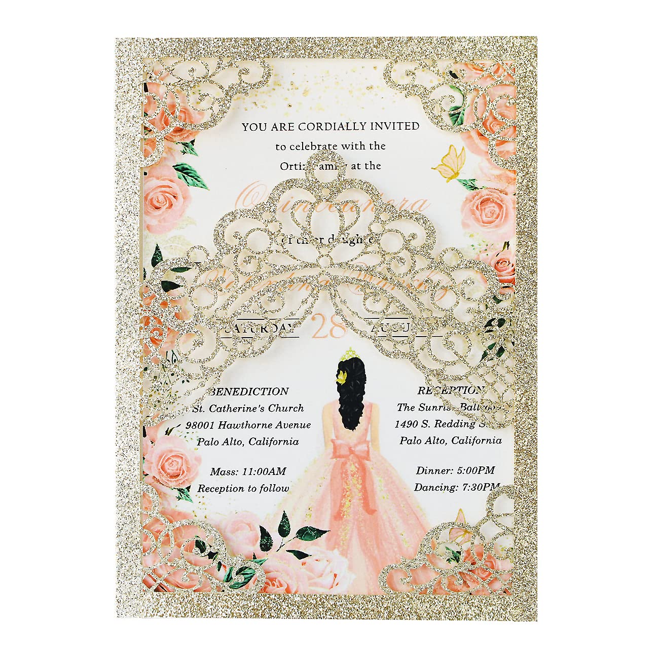 Hosmsua 50PCS 5.1x7.3 Inch Blank Champagne Glitter Quinceanera Invitations Kit Laser Cut Floral Crown Pocket Quinceanera Invitation Cards with Envelopes for Birthday Bridal Shower Quince Invite