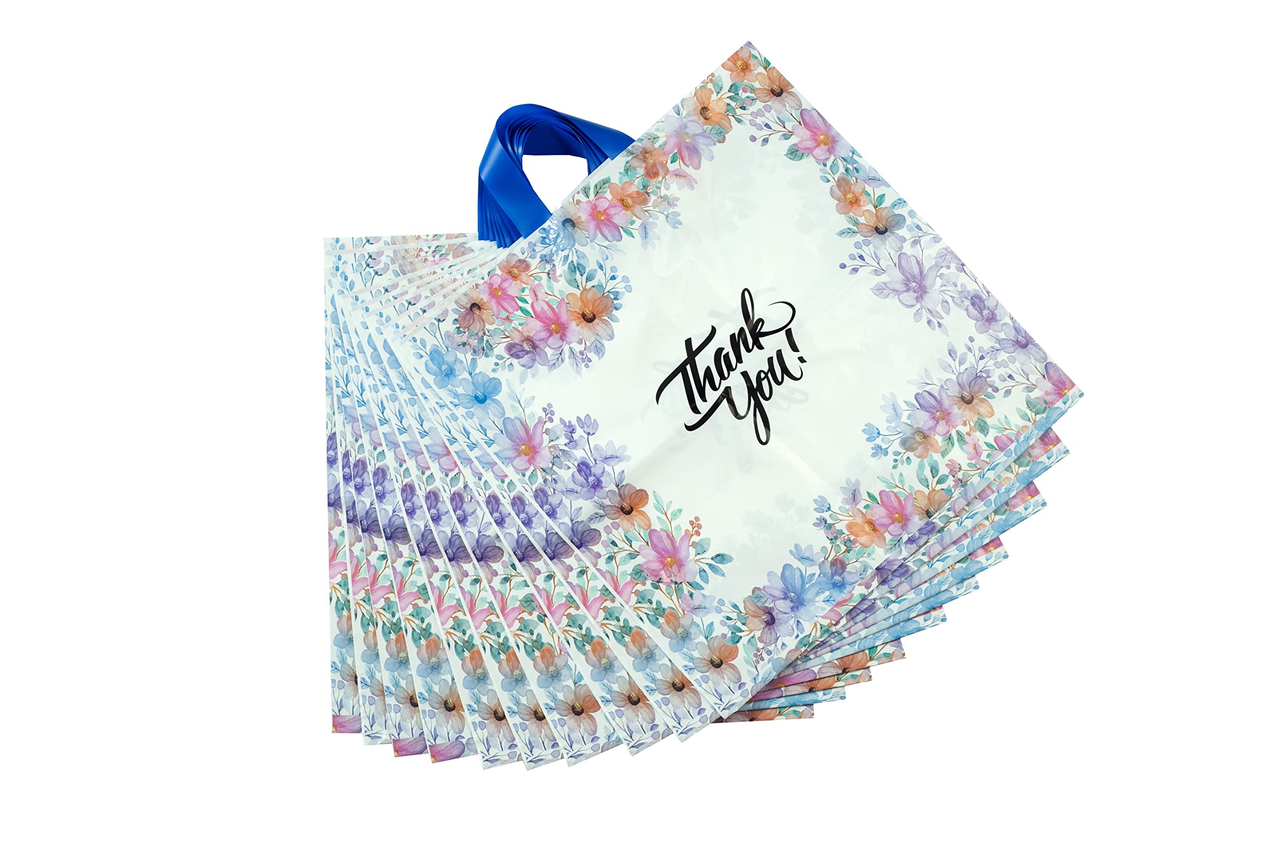 Infinite Pack 18" x18"(100pcs) Floral Thank You Bag with Soft Loop Handle & Bottom Gusset - 2.35 Mil Thick Plastic Merchandise Shopping Bag for Goodies, Clothing, Shower Gift, Retail Boutique Bags